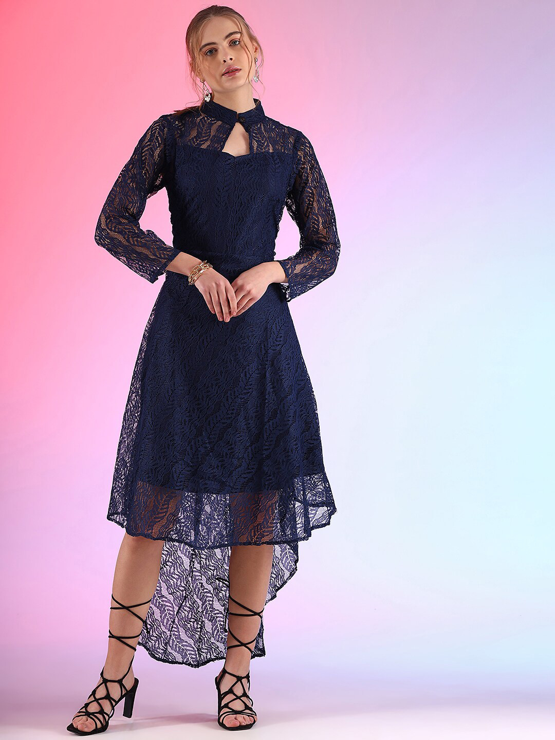 Buy WESTHOOD Floral Self Design Keyhole Neck Lace Inserts Fit & Flare ...