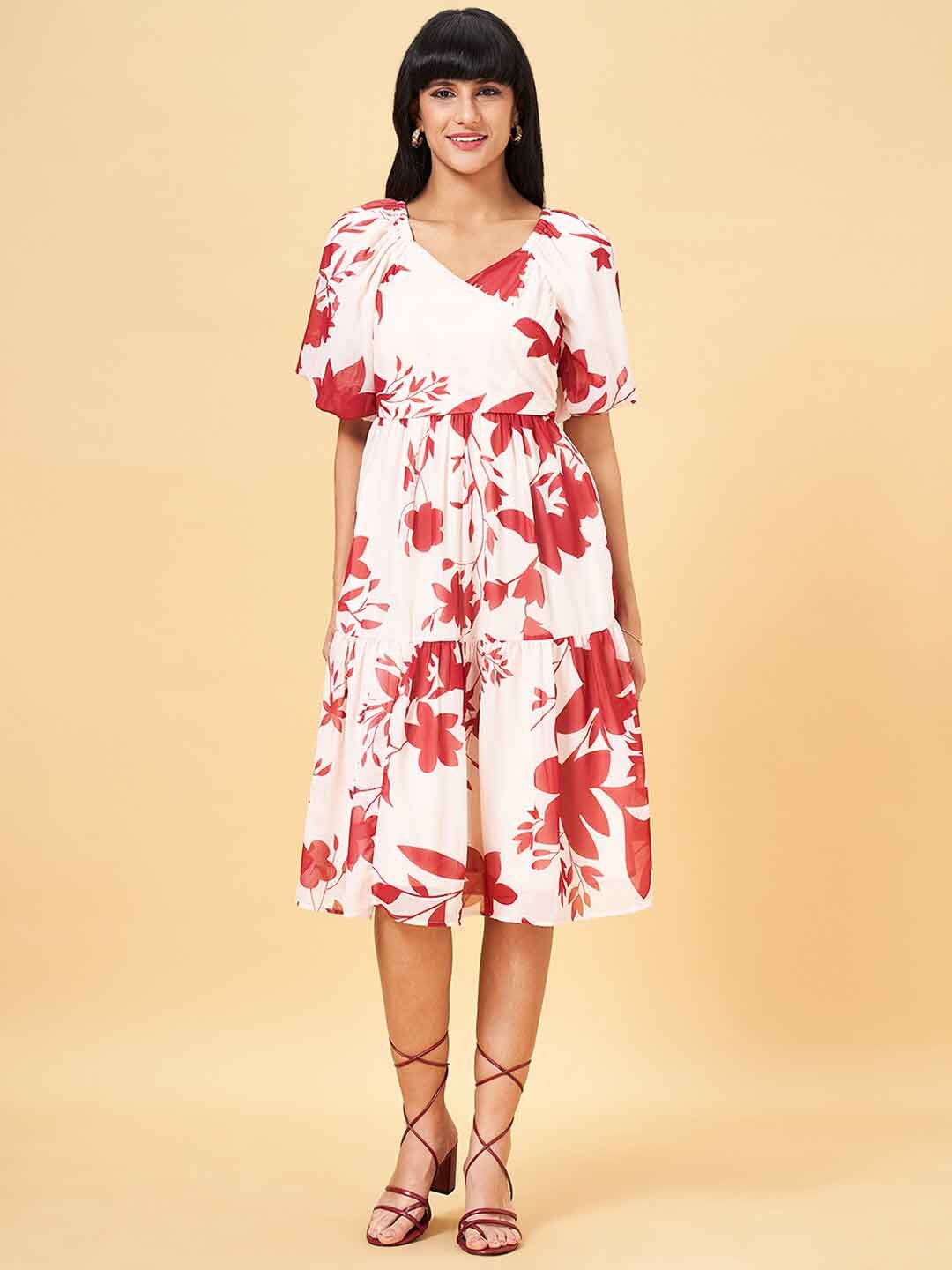 Buy Honey By Pantaloons Floral Printed V Neck Puff Sleeve Fit And Flare