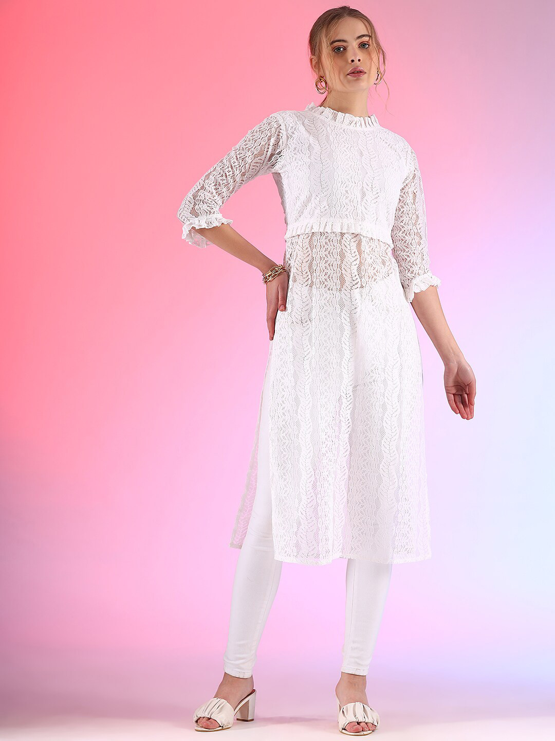Buy WESTHOOD Floral Embroidered High Neck Lace Straight Kurta - Kurtas ...