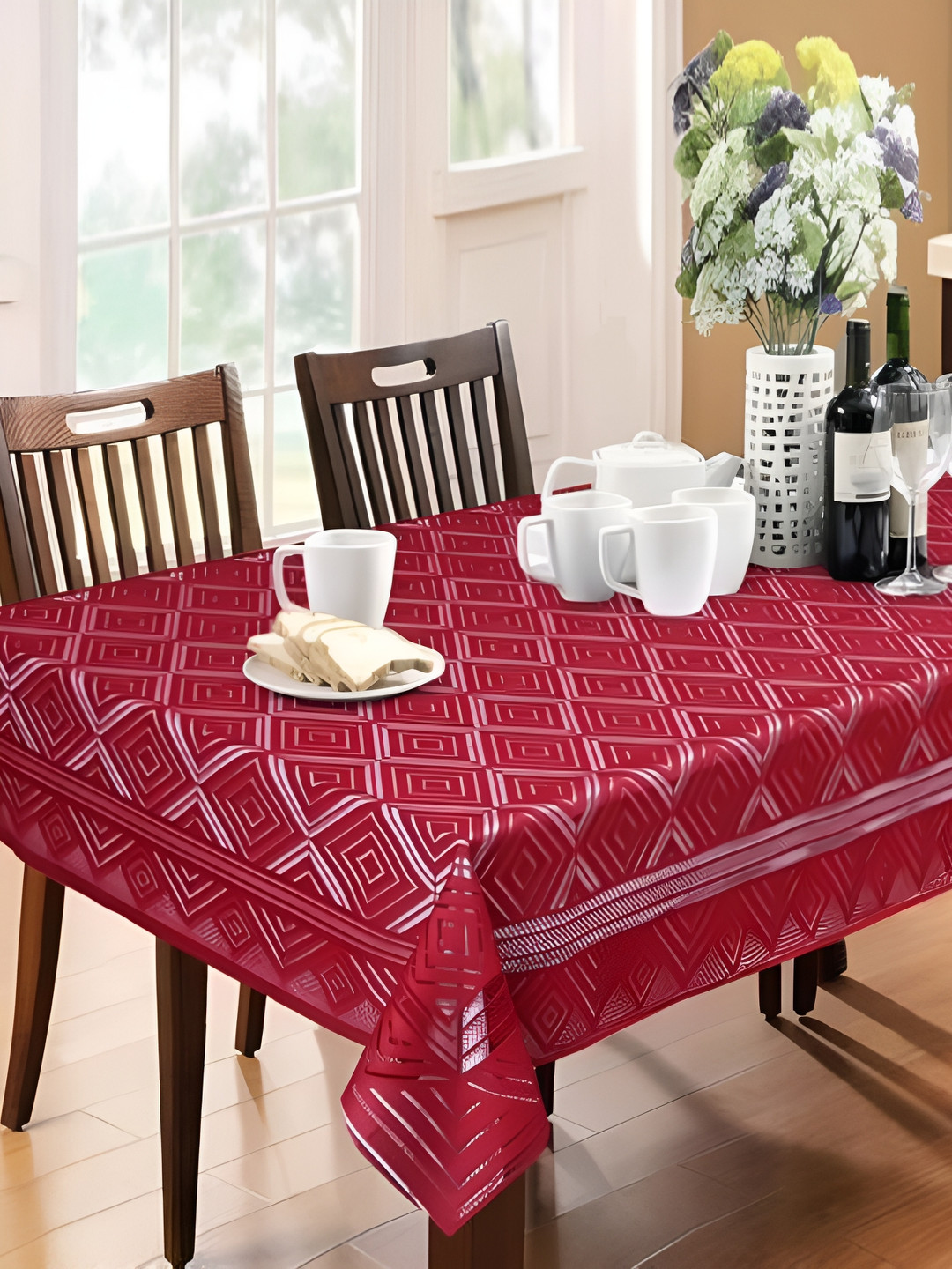 Buy MONKDECOR Maroon Floral 6 Seater Cotton Rectangle Table Cover ...