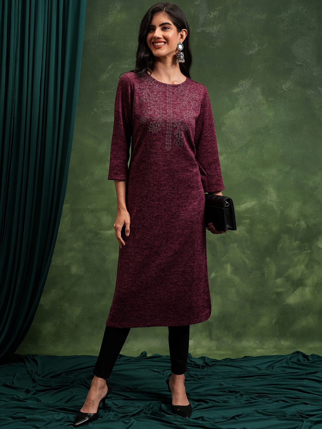 Buy Vishudh Maroon Abstract Printed Mukaish Straight Kurta Kurtas For