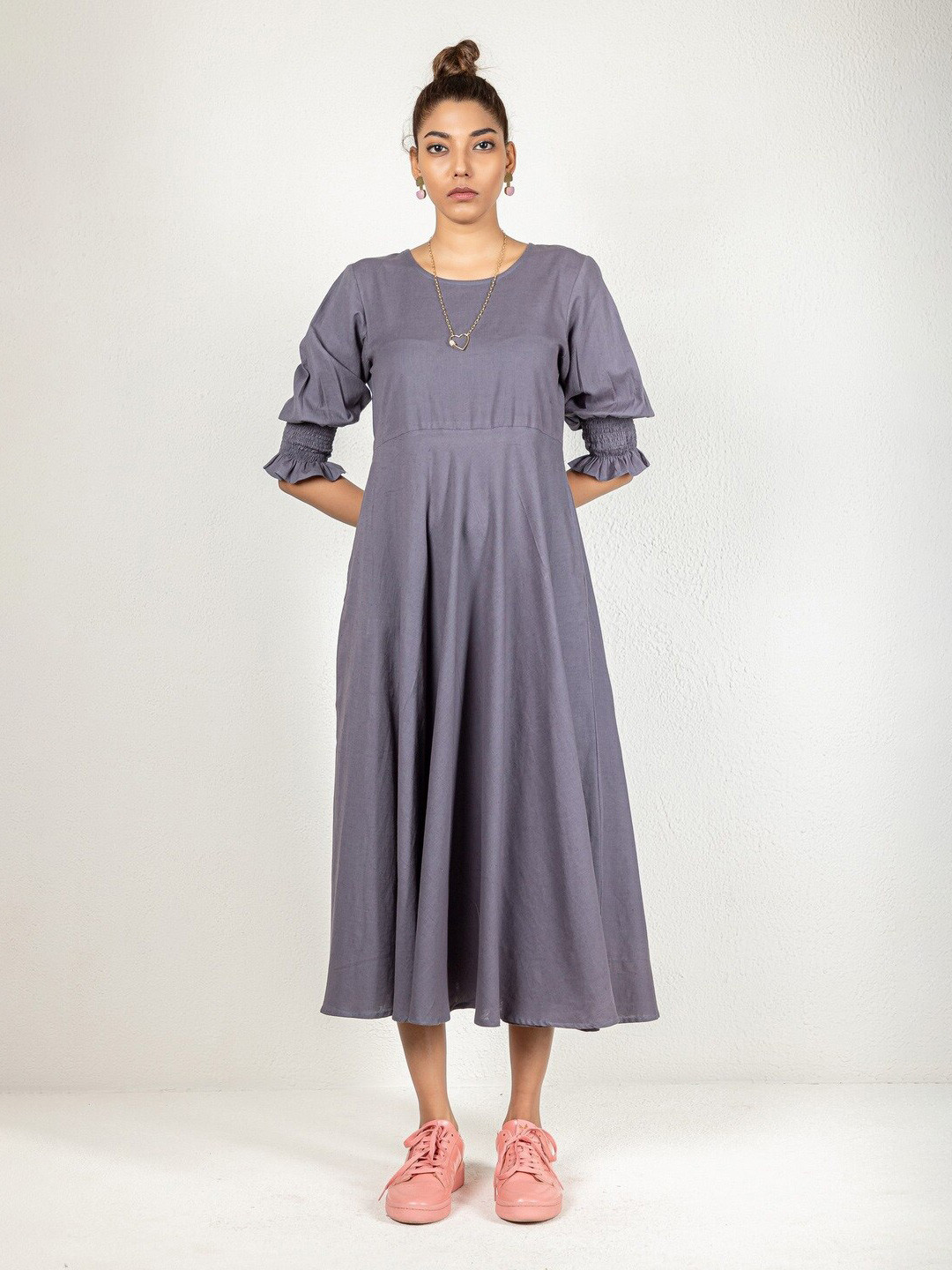 Buy INDIE JHOLA Bell Sleeves Pure Cotton A Line Midi Dress - Dresses ...