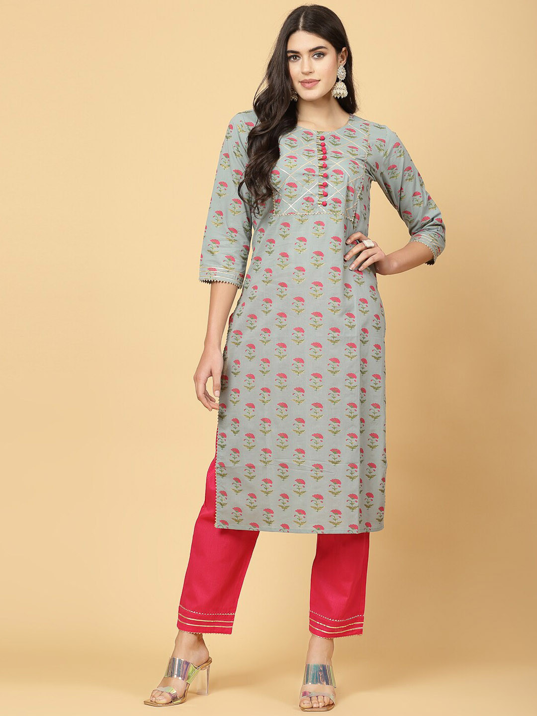 Buy Pistaa Floral Printed Regular Gotta Patti Pure Cotton Kurta With ...