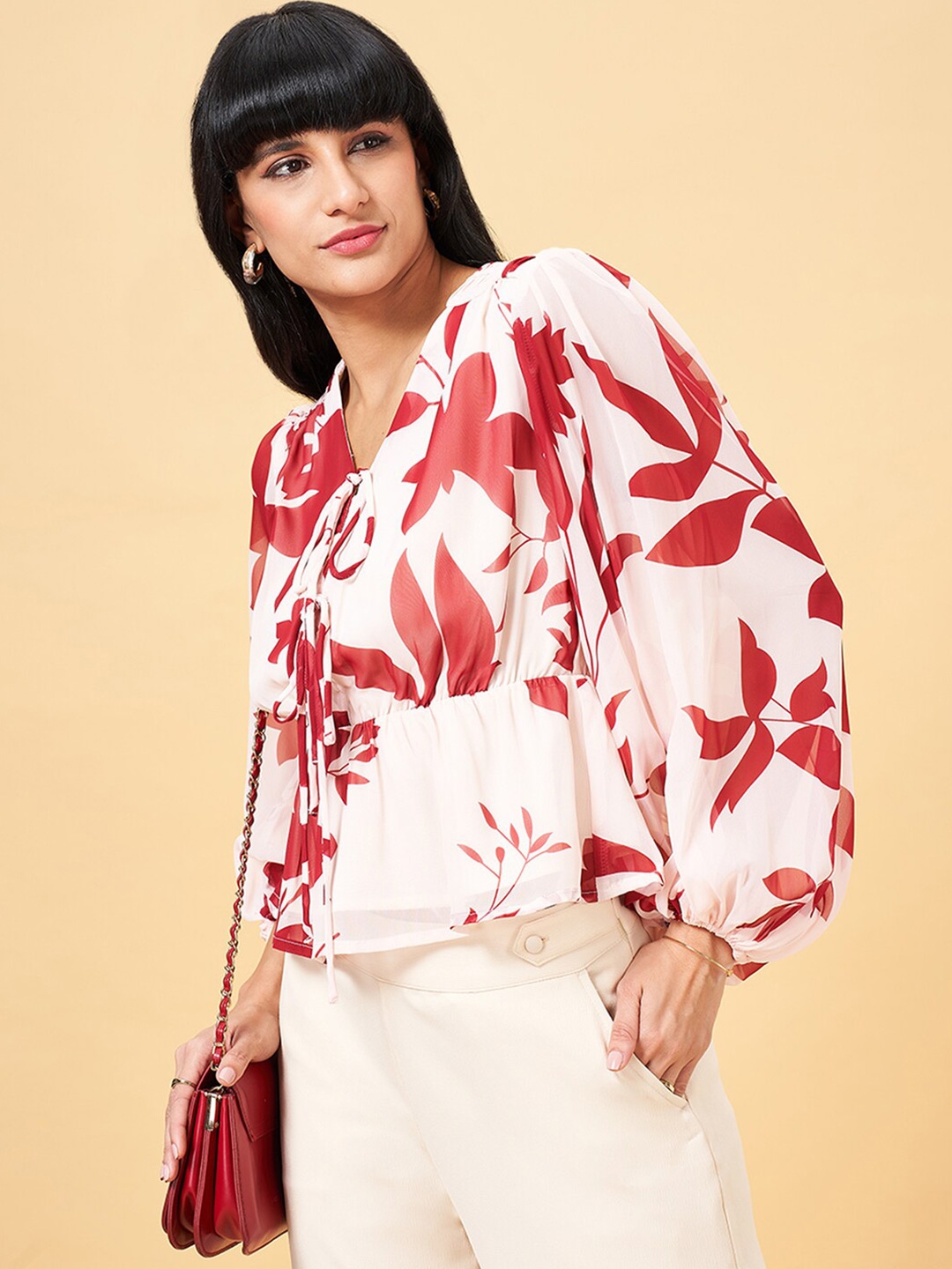 Buy Honey By Pantaloons Floral Printed Tie Up Neck Peplum Top Tops