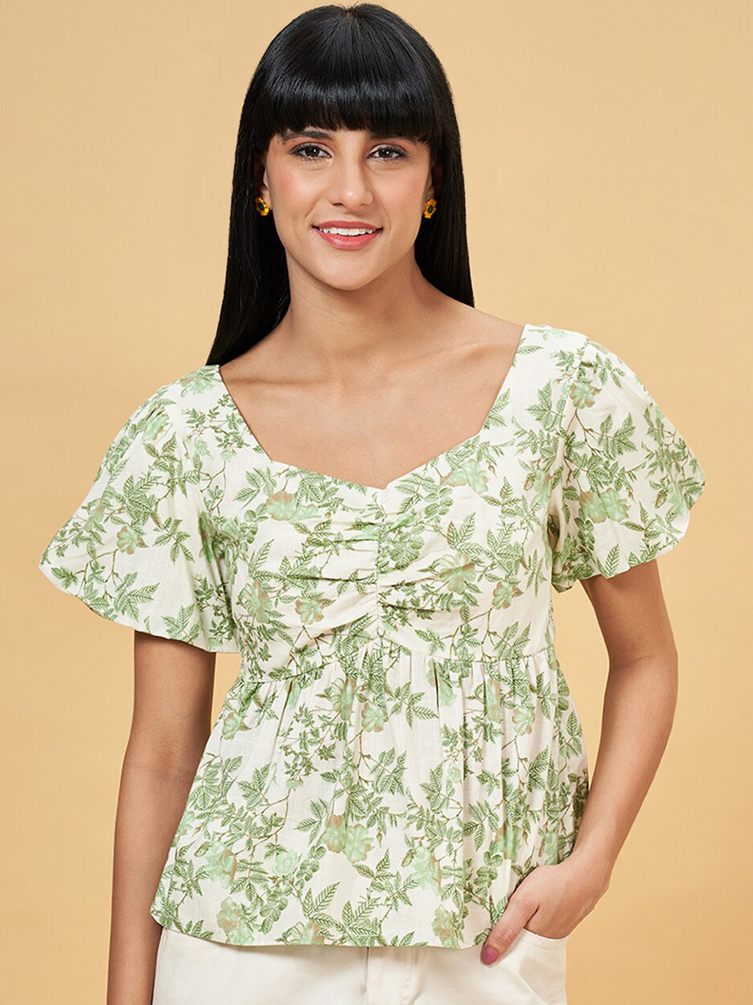 Buy Honey By Pantaloons Floral Printed Flared Sleeves Smocked Pure ...