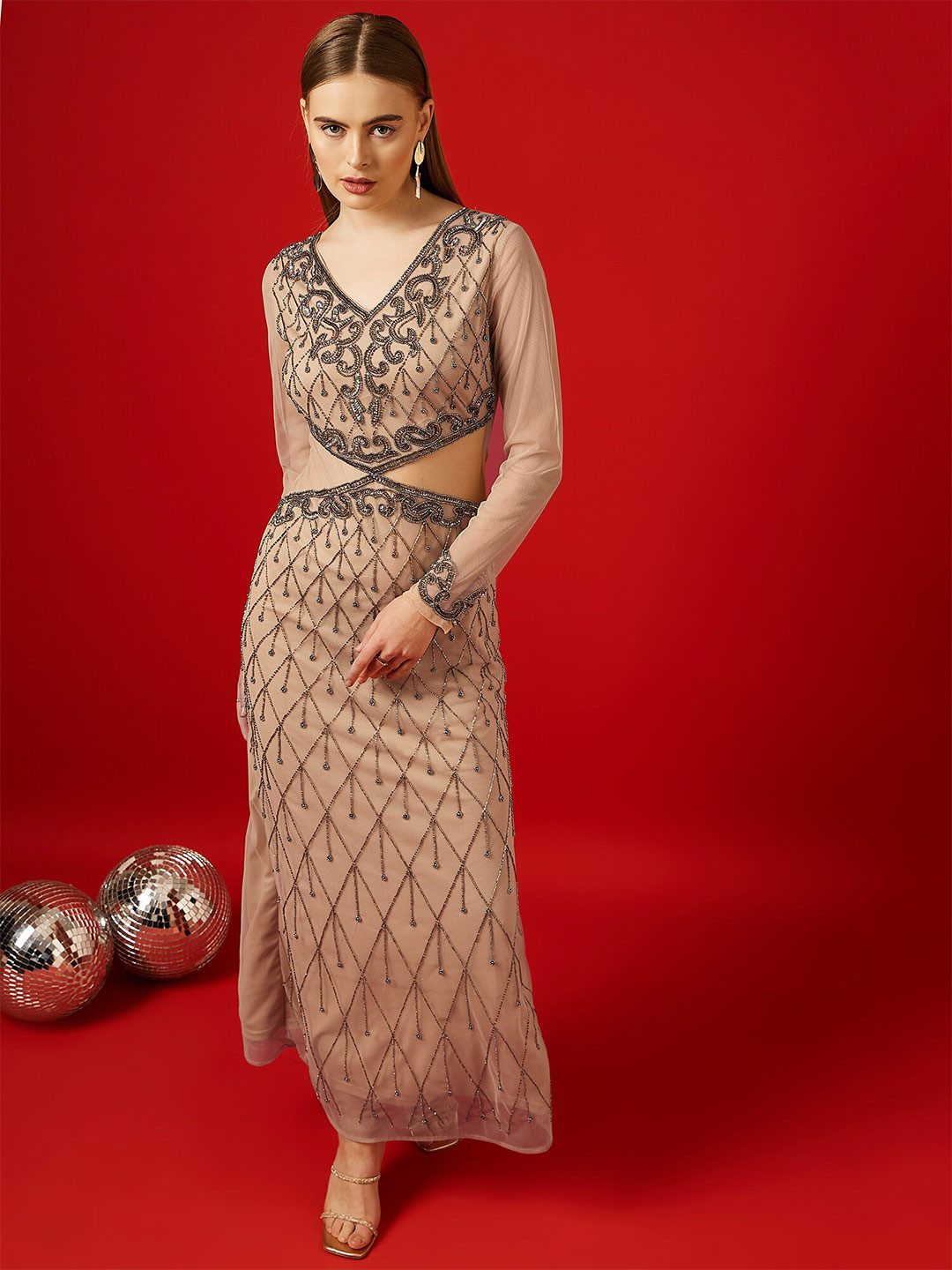 Buy STREET 9 Embellished Long Sleeves Net Maxi Dress - Dresses for ...