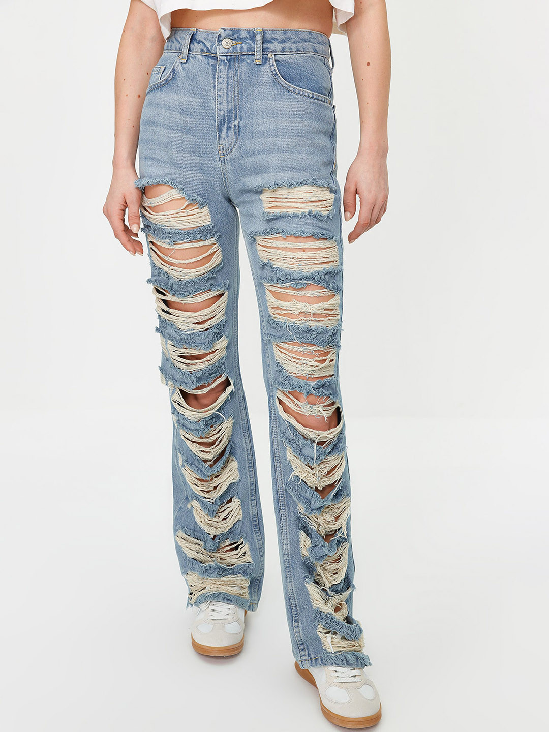 Buy Trendyol Women Highly Distressed Heavy Fade Pure Cotton Jeans ...