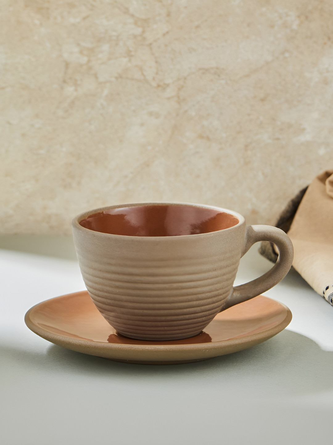 Buy Fabindia Brown 2Pcs Textured Ceramic Matte Cup And Saucer 160ml ...