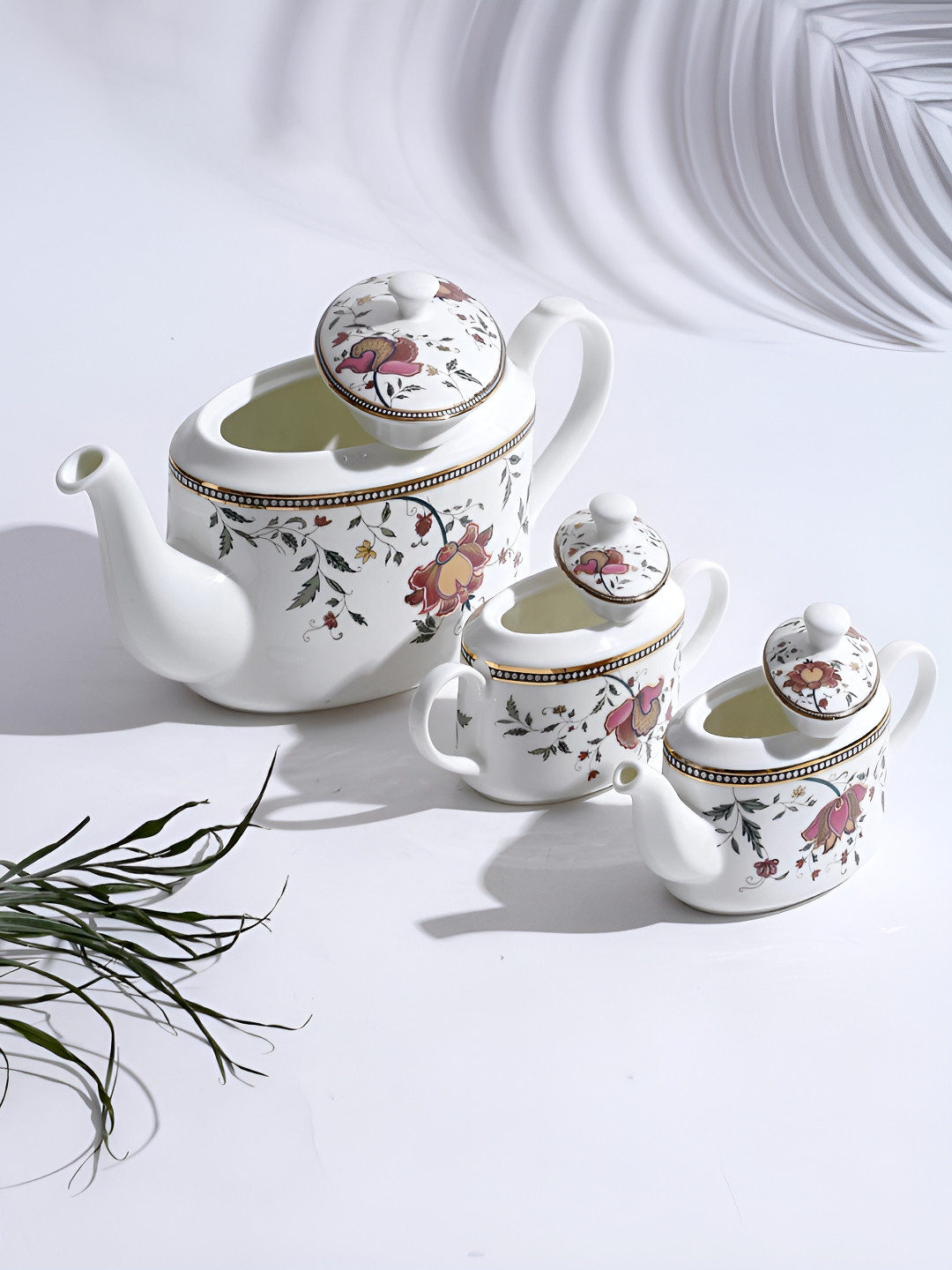 Buy Fabindia White & Brown 3 Pieces Floral Printed Ceramic Glossy ...
