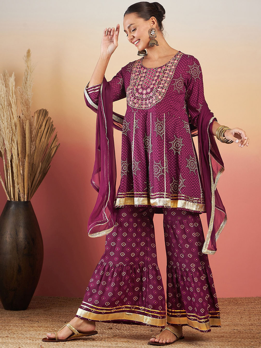 Buy InWeave Ethnic Motifs Printed Pleated Mirror Work Kurta With Sharara & Dupatta - Kurta Sets ...