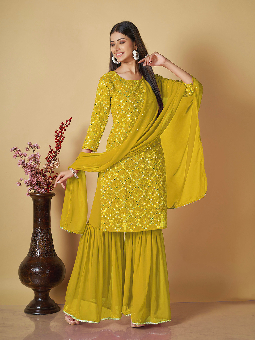 Buy ZARIMO Embroidered Regular Mirror Work Kurta With Sharara & Dupatta ...