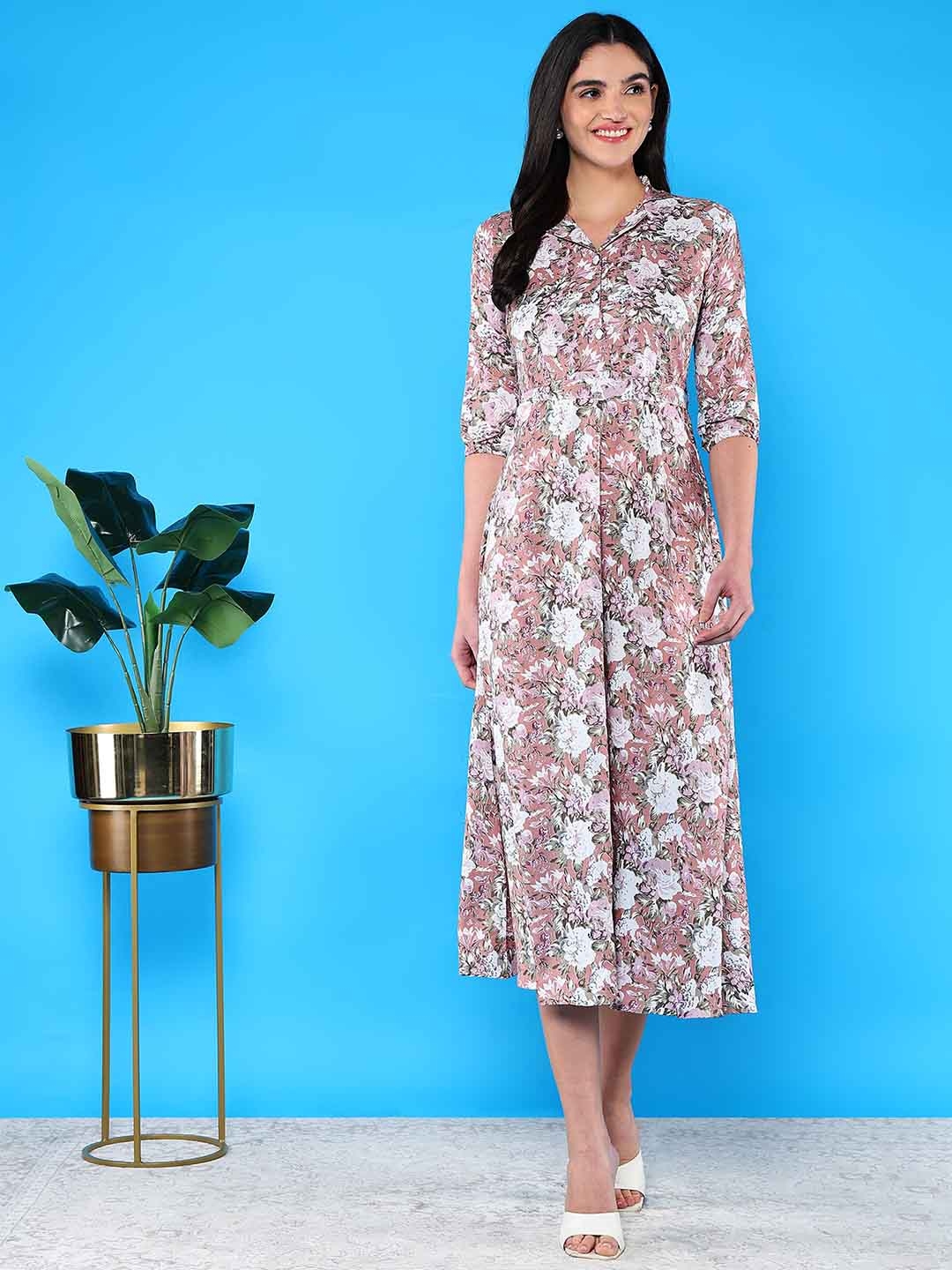Buy Baesd Floral Printed Lapel Collar Puff Sleeves Cotton Fit And Flare