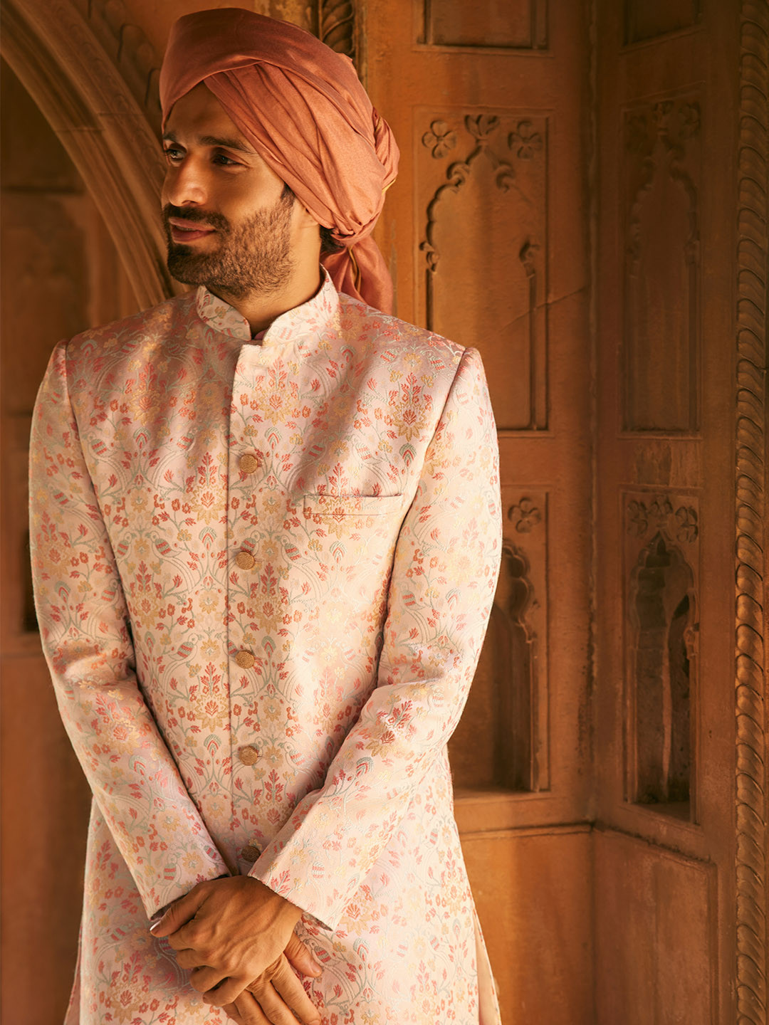 Buy KISAH Men Floral Self Design Kurta & Churidar With Indowestern ...