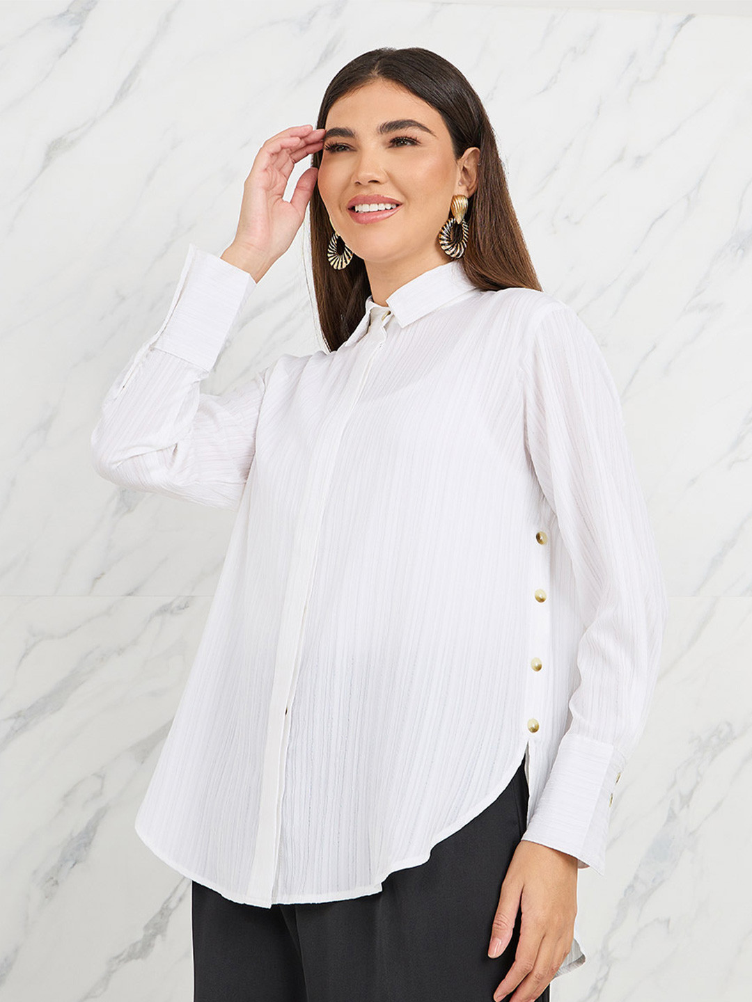 Buy Styli Textured Regular Fit Long Length Shirt - Shirts for Women ...