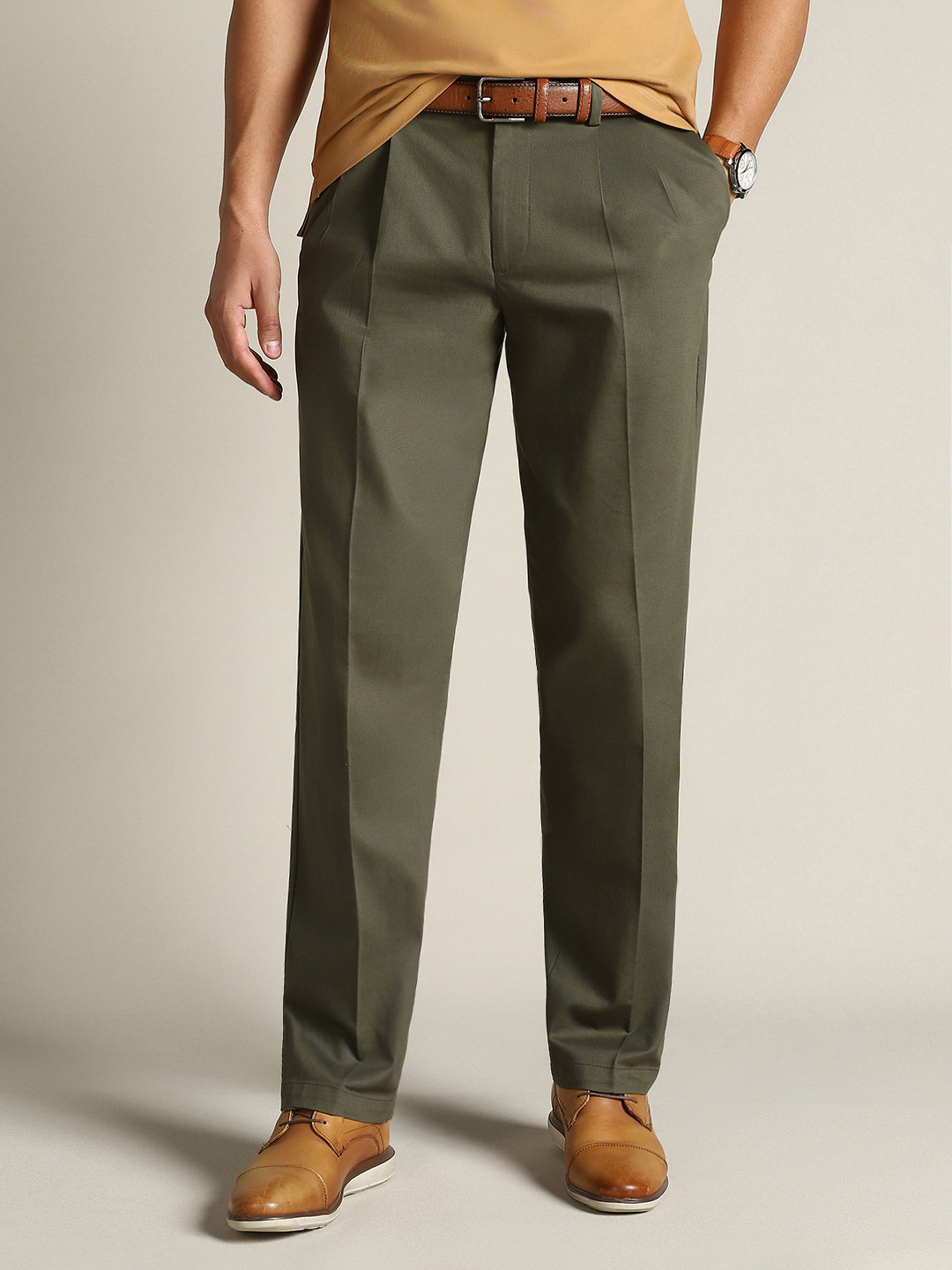 Buy Dockers Men Mid Rise Classic Pleated Fit Trousers - Trousers for ...