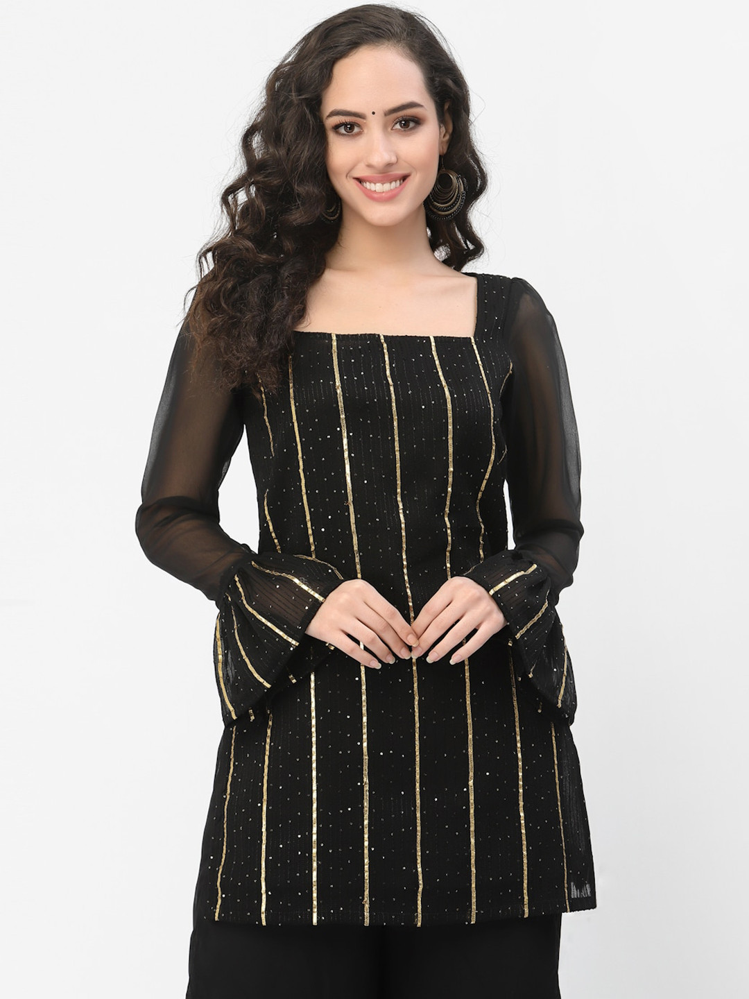 Buy Studio Rasa Striped Flared Sleeves Thread Work Georgette Kurta ...