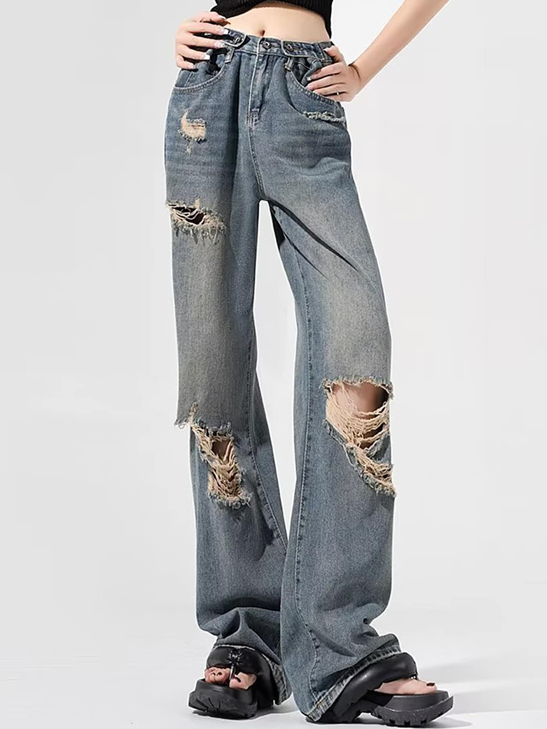 Buy LULU & SKY Women Straight Fit Highly Distressed Heavy Fade Jeans ...