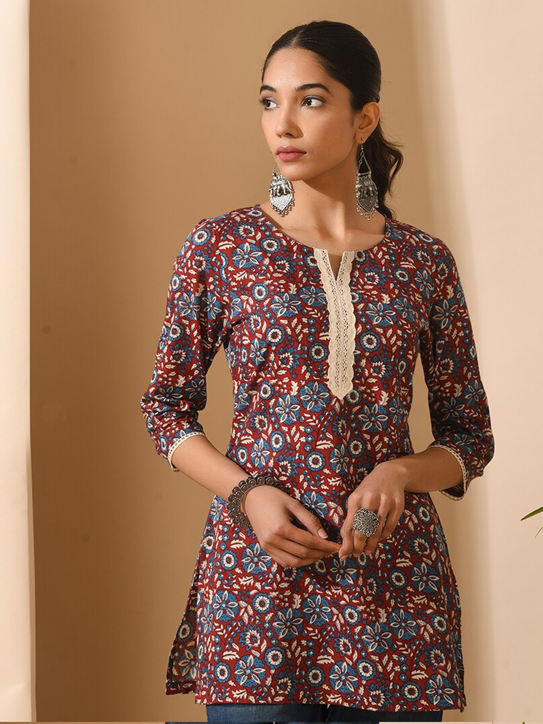 Buy MEESAN Floral Printed Pure Cotton Round Neck Kurti - Kurtis for ...