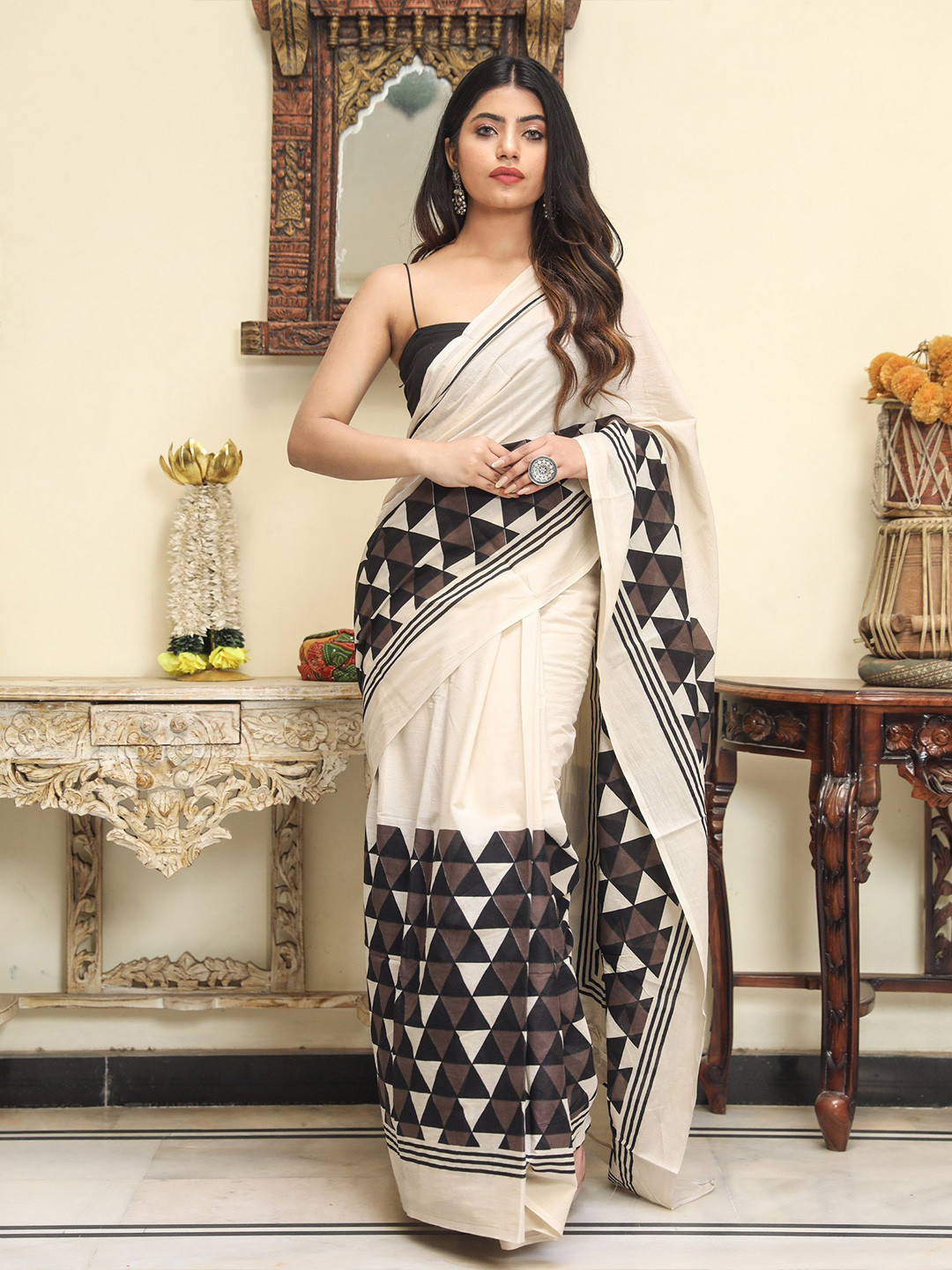 Buy KALINI Geometric Printed Pure Cotton Saree - Sarees for Women ...
