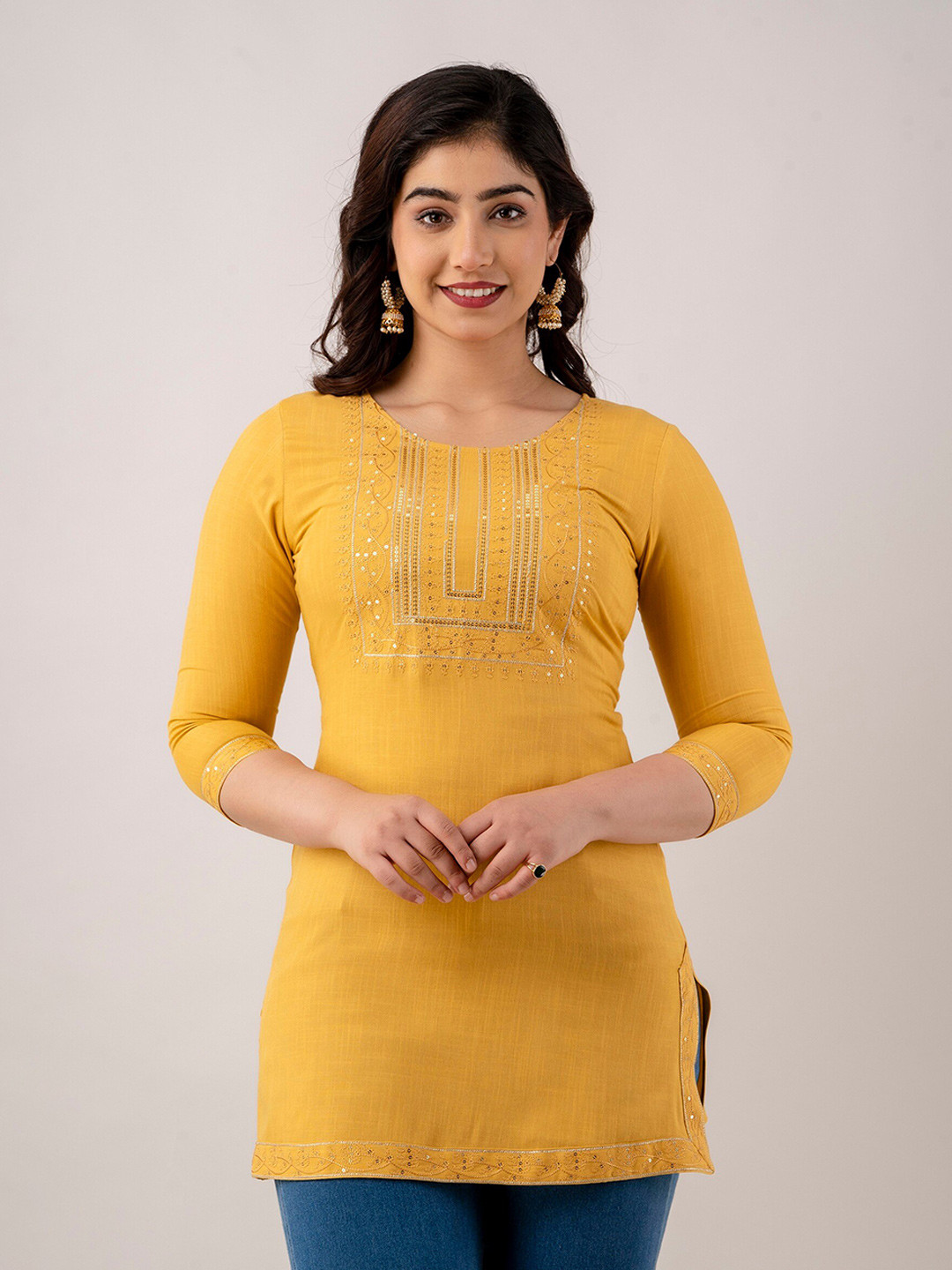 Buy KALINI Floral Embroidered Round Neck Kurti - Kurtis for Women ...