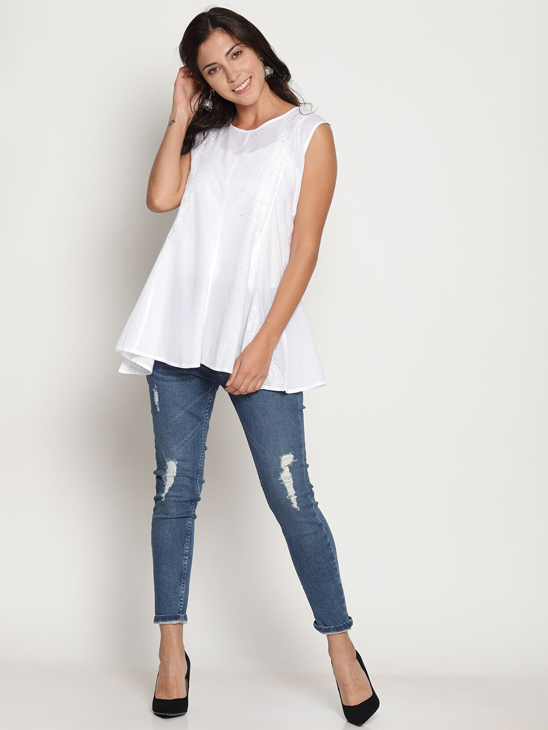 Buy Weaves Of Tradition Floral Chikankari Embroidered Cotton A Line Top ...