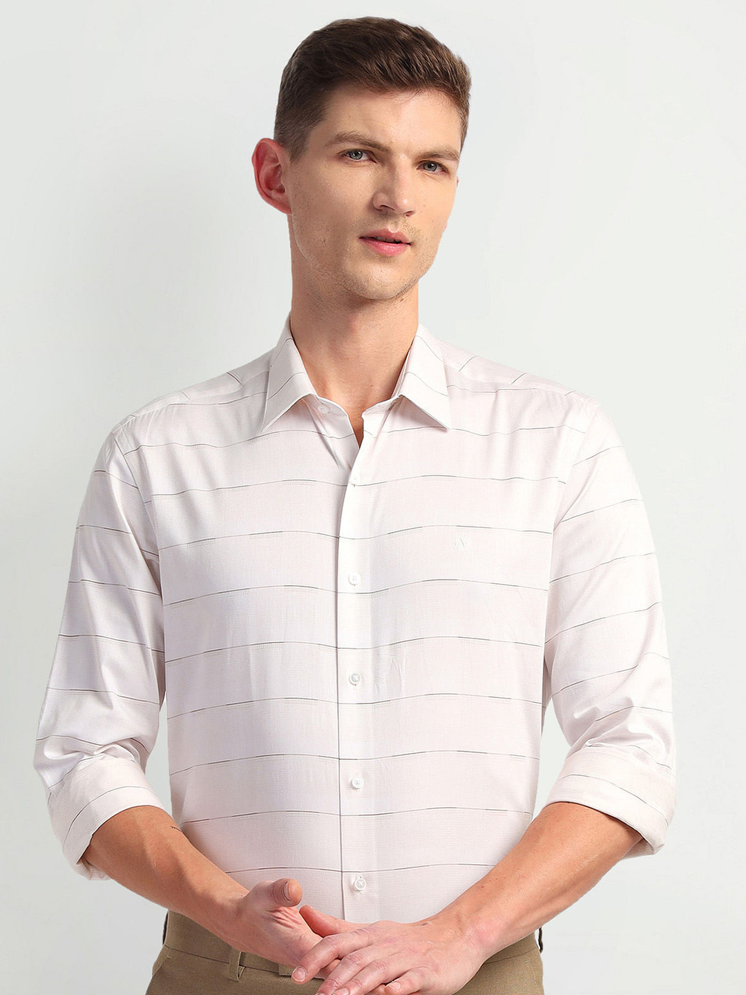 Buy Arrow New York Slim Fit Horizontal Striped Spread Collar Pure ...