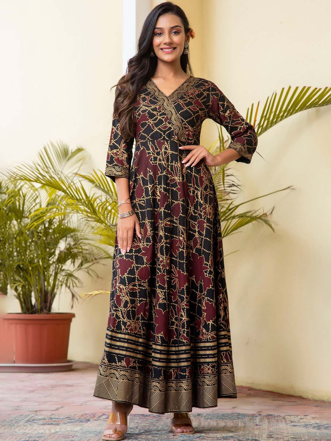 Buy INDIANIC Floral Printed V Neck Regular Sleeves Anarkali Angrakha ...