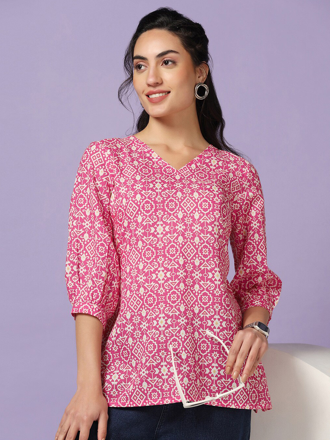 Buy FASHION DREAM Ethnic Motifs Printed V Neck Cotton A Line Top - Tops ...