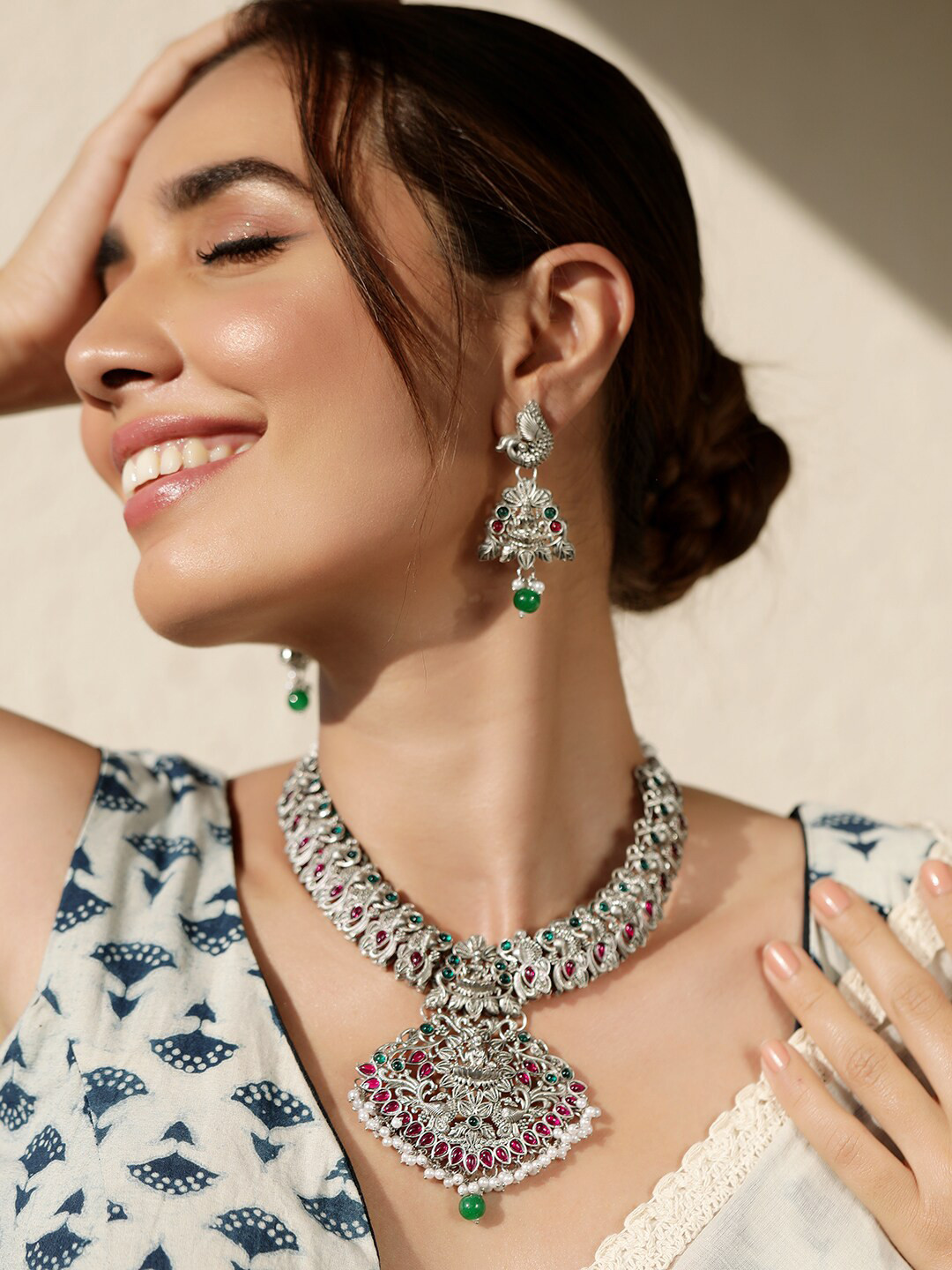 Buy Rubans Radiance Oxidized Silver Toned Ruby & Emerald Accent Temple ...