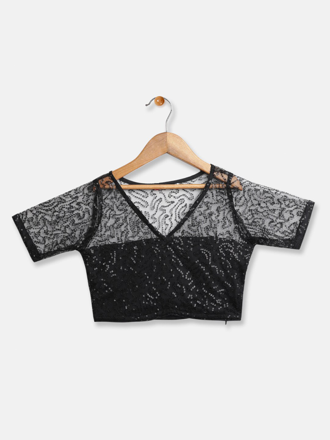 Buy Studio Rasa Girls Self Design V Neck Sheer Sequined Net Crop Top ...