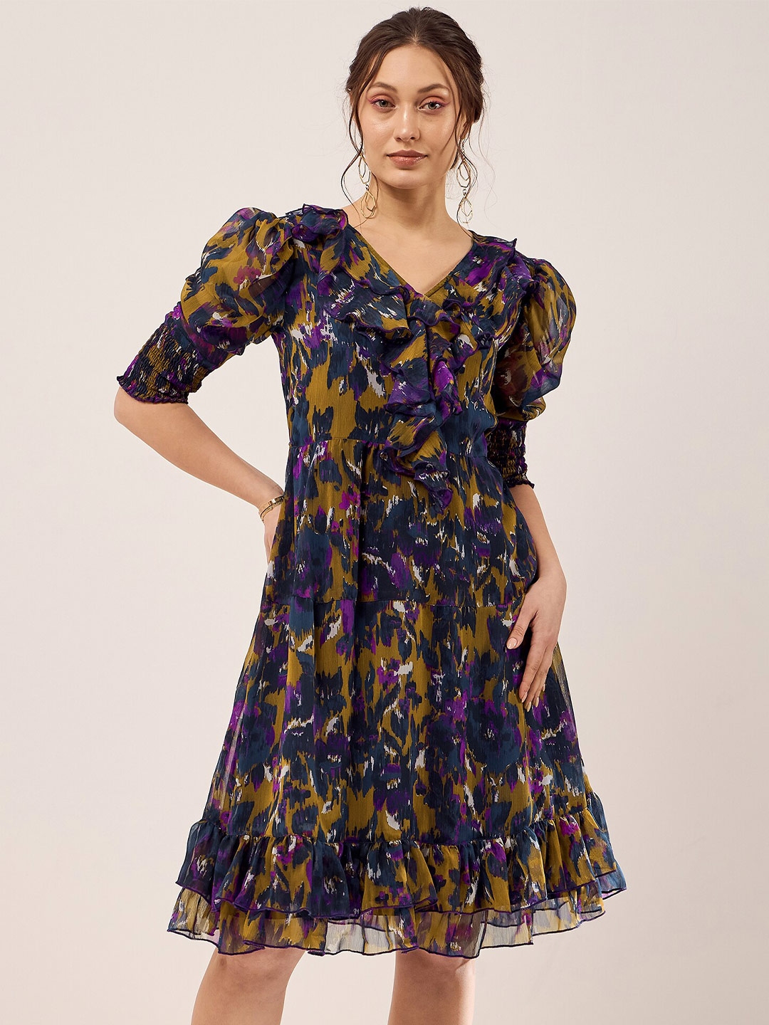 Buy Antheaa Purple Abstract Print V Neck Puff Sleeve Chiffon Fit