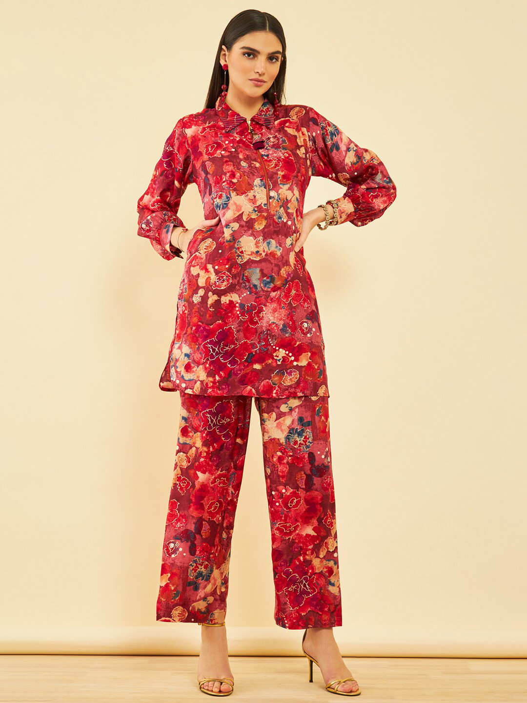 Buy Soch Floral Printed Shirt Collar Neck Top & Flared Trouser - Co ...