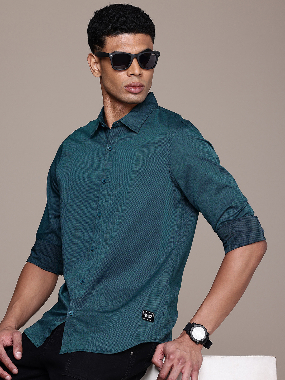 Buy WROGN Pure Cotton Self Design Slim Fit Textured Casual Shirt ...