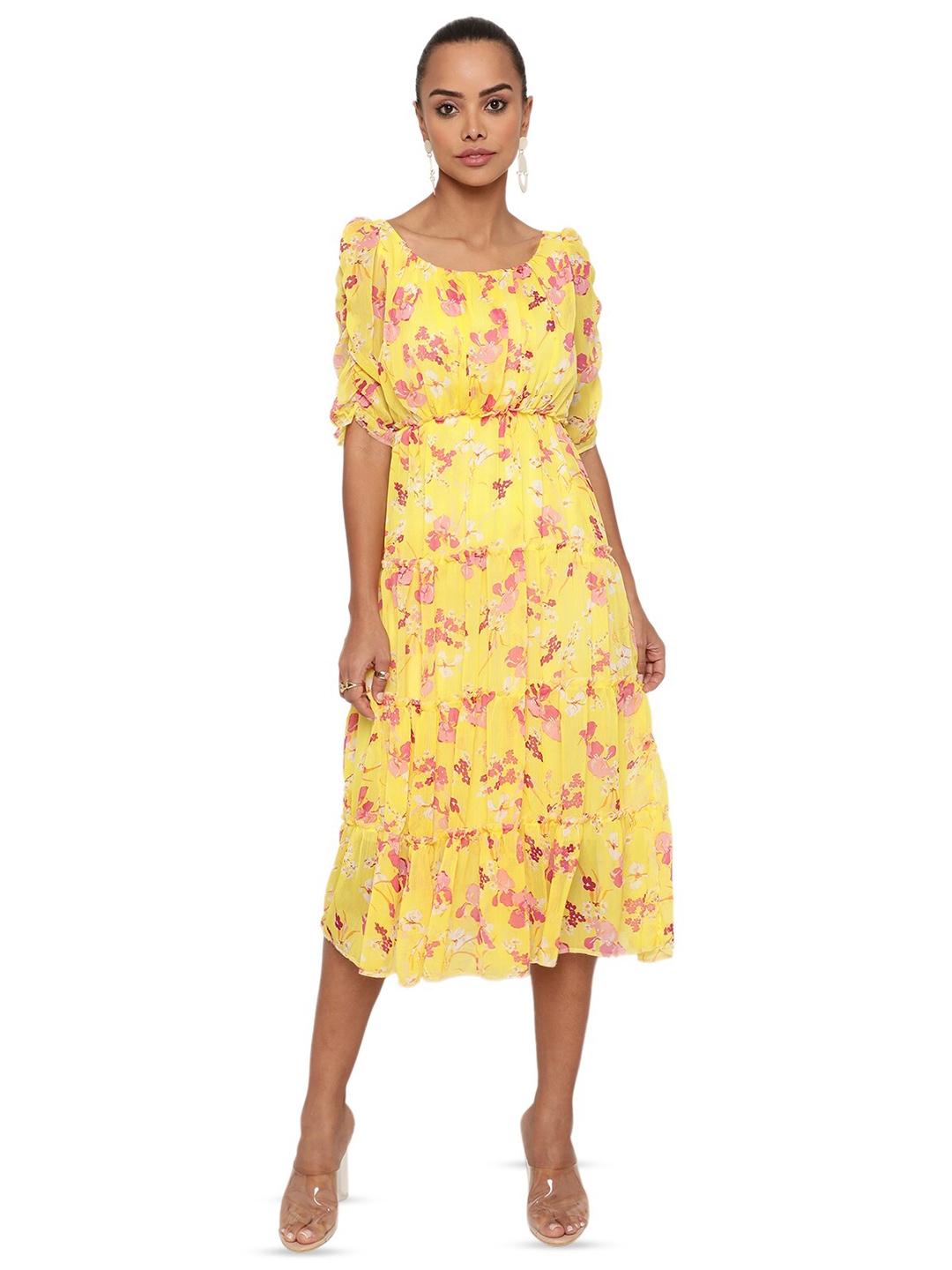 Buy Baesd Floral Printed Puff Sleeves Gathered Tiered Georgette A Line