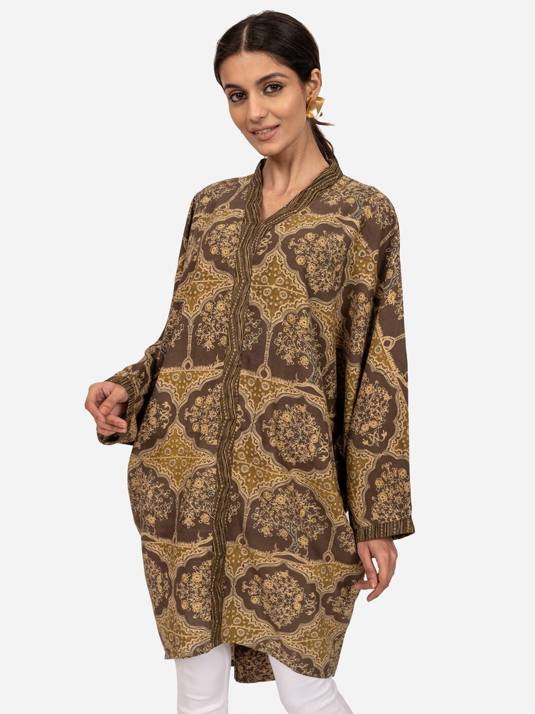 Buy INDIE JHOLA Ethnic Motifs Printed V Neck High Low Pure Cotton Top ...