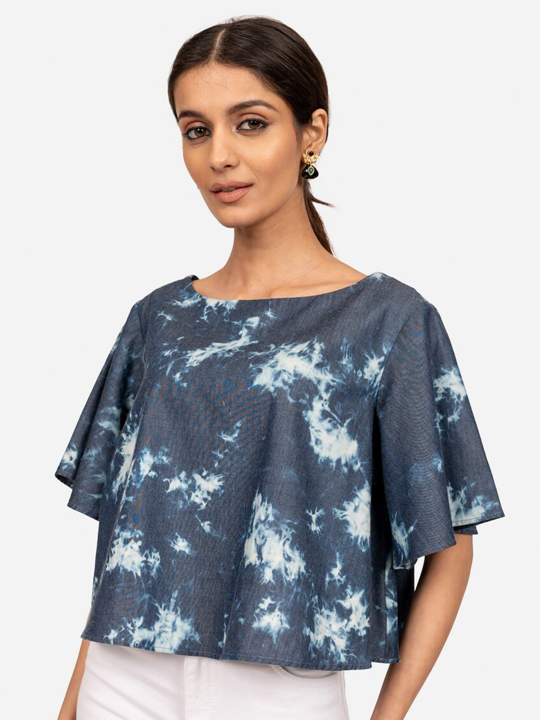 Buy INDIE JHOLA Abstract Printed Flared Sleeve Pure Cotton Denim Crop ...