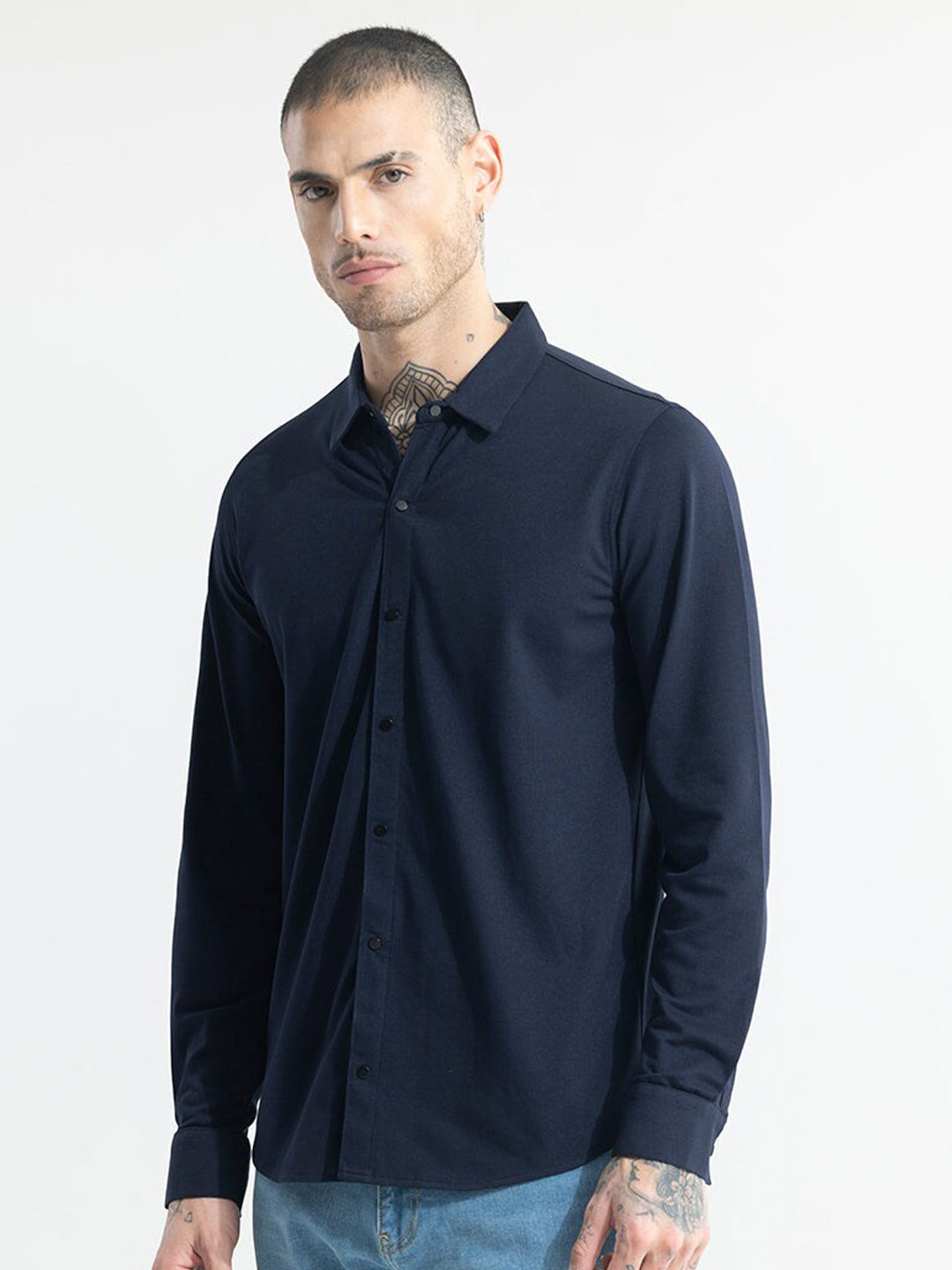 Buy Snitch Navy Blue Classic Slim Fit Spread Collar Cotton Casual Shirt ...