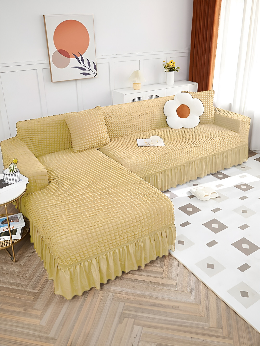 Buy Cortina Cream 2 Pieces Elastic Stretchable 4 Seater L Shape Sofa ...