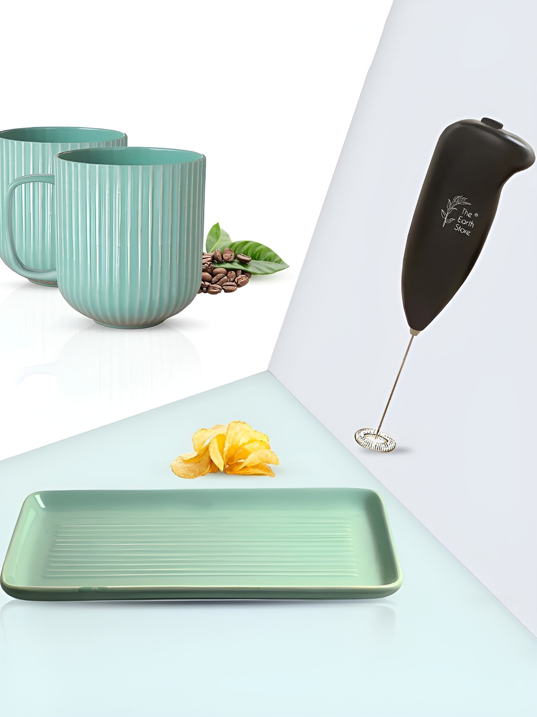 Buy The Earth Store Green 4 Pieces Textured Ceramic Matte Mug Trey ...