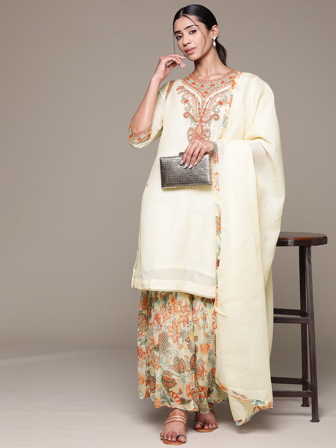 Buy Aarke Ritu Kumar Floral Embroidered Mirror Work Kurta With Sharara ...