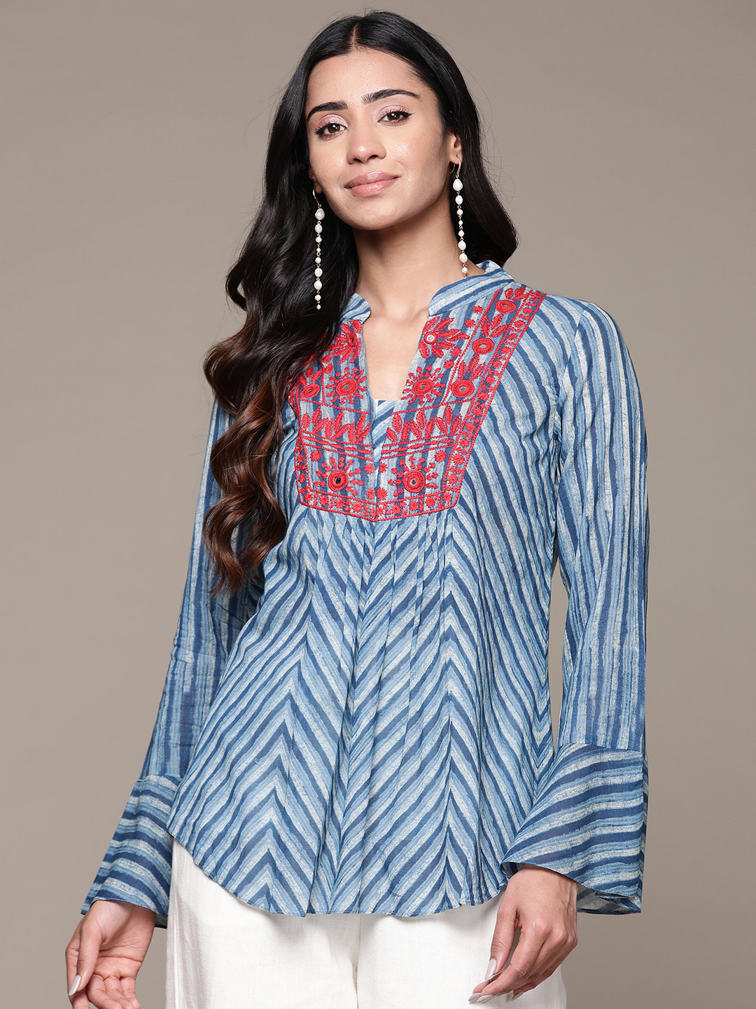 Buy Aarke Ritu Kumar Floral Striped Flared Sleeves Mirror Work Pure ...