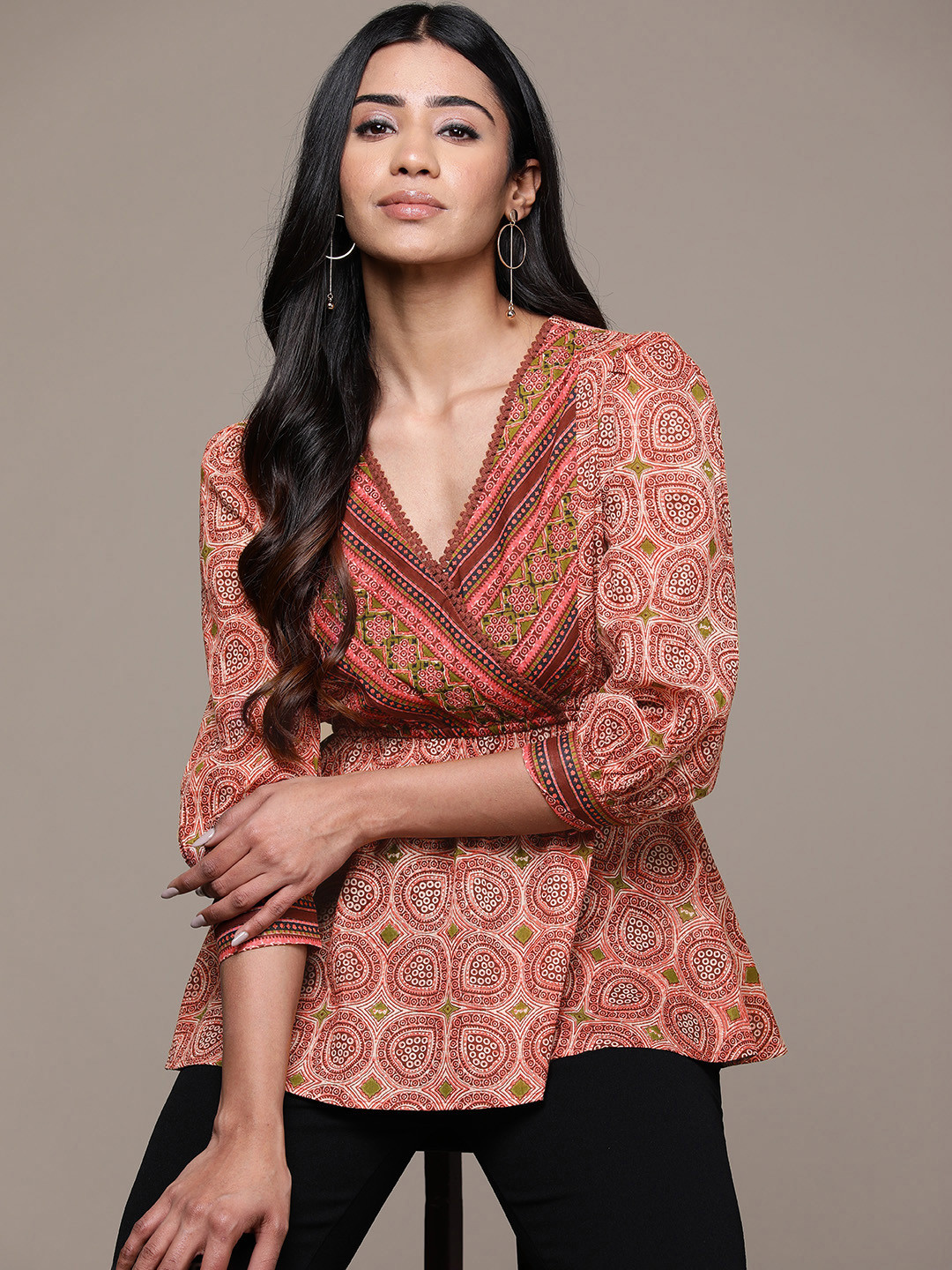 Buy Aarke Ritu Kumar Geometric Print Puff Sleeve Cotton Wrap Longline ...