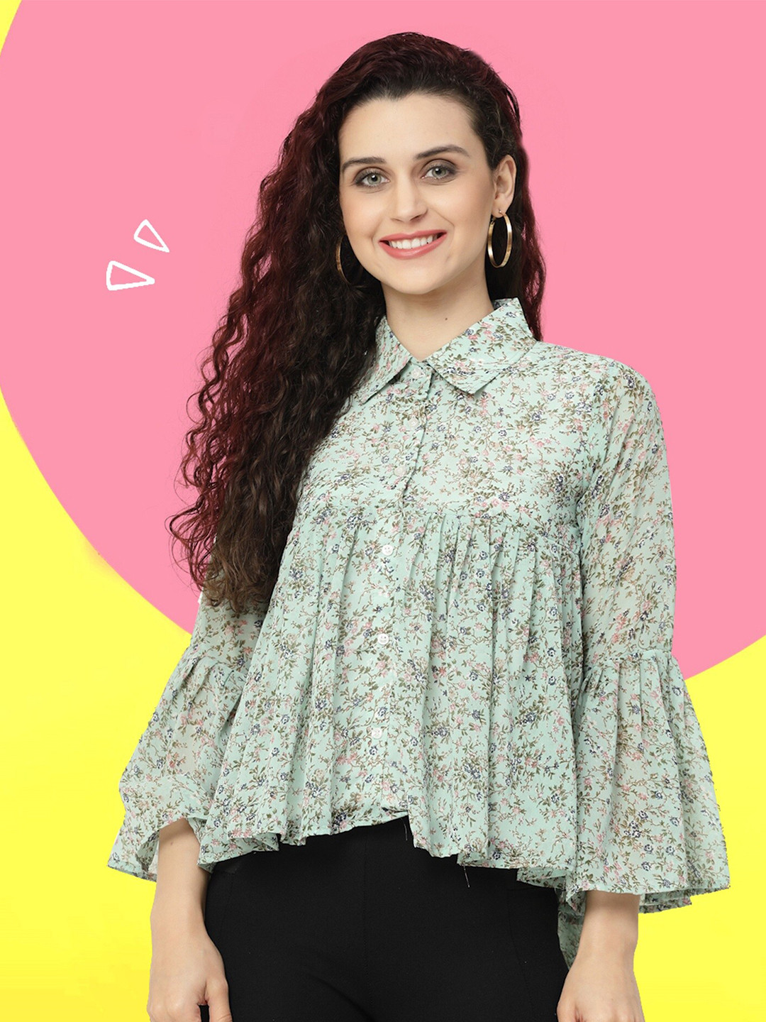 Buy MISS AYSE Floral Printed Shirt Collar Bell Sleeves Georgette Shirt ...