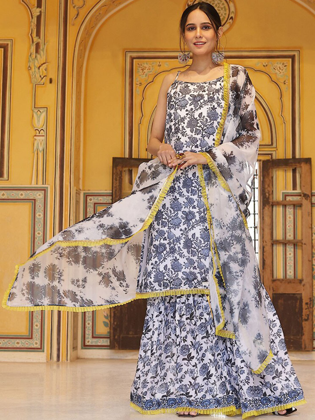 Buy AKS Couture Floral Printed Shoulder Straps Kurta With Sharara ...