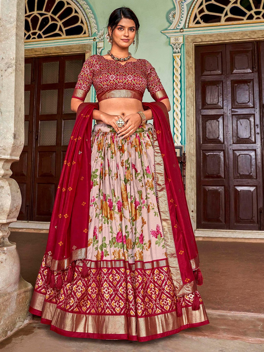 Buy LOOKNBOOK ART Printed Foil Print Semi Stitched Lehenga & Unstitched ...
