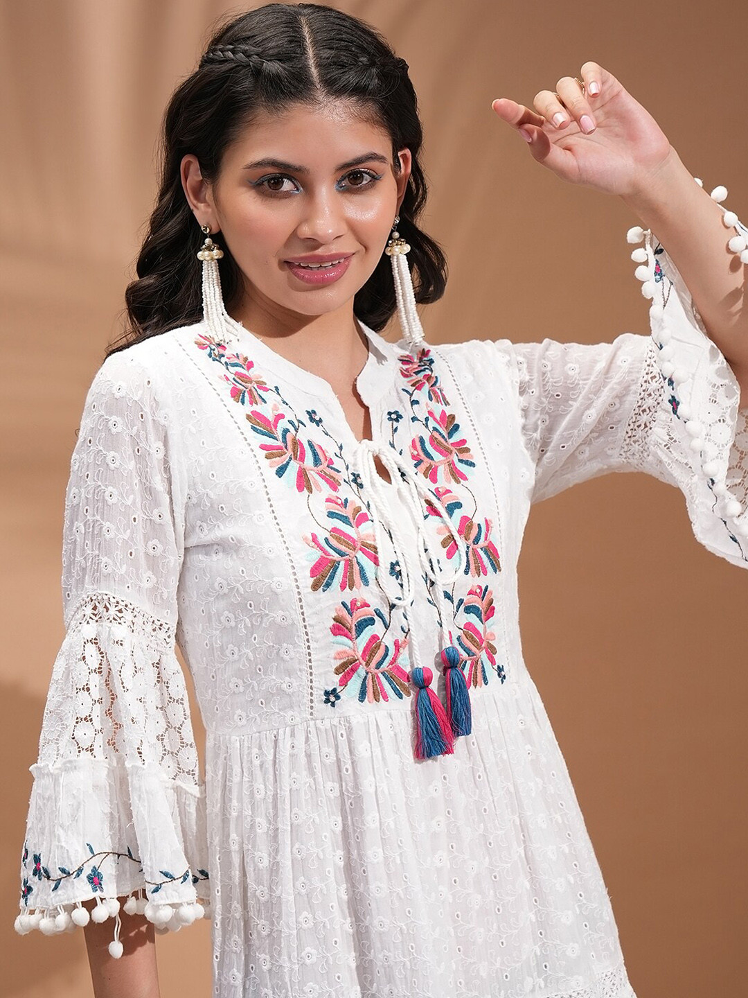 Buy Vishudh White Floral Embroidered Bell Sleeves Tasseled Pom Pom Fit ...