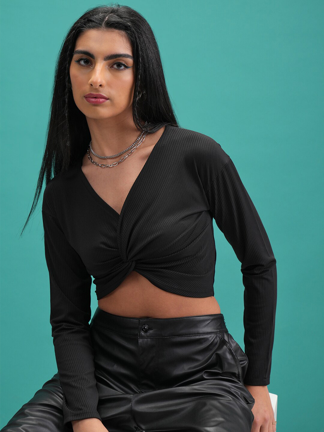 Buy Tokyo Talkies Black Ribbed Long Sleeves Twisted Crop Top - Tops for ...