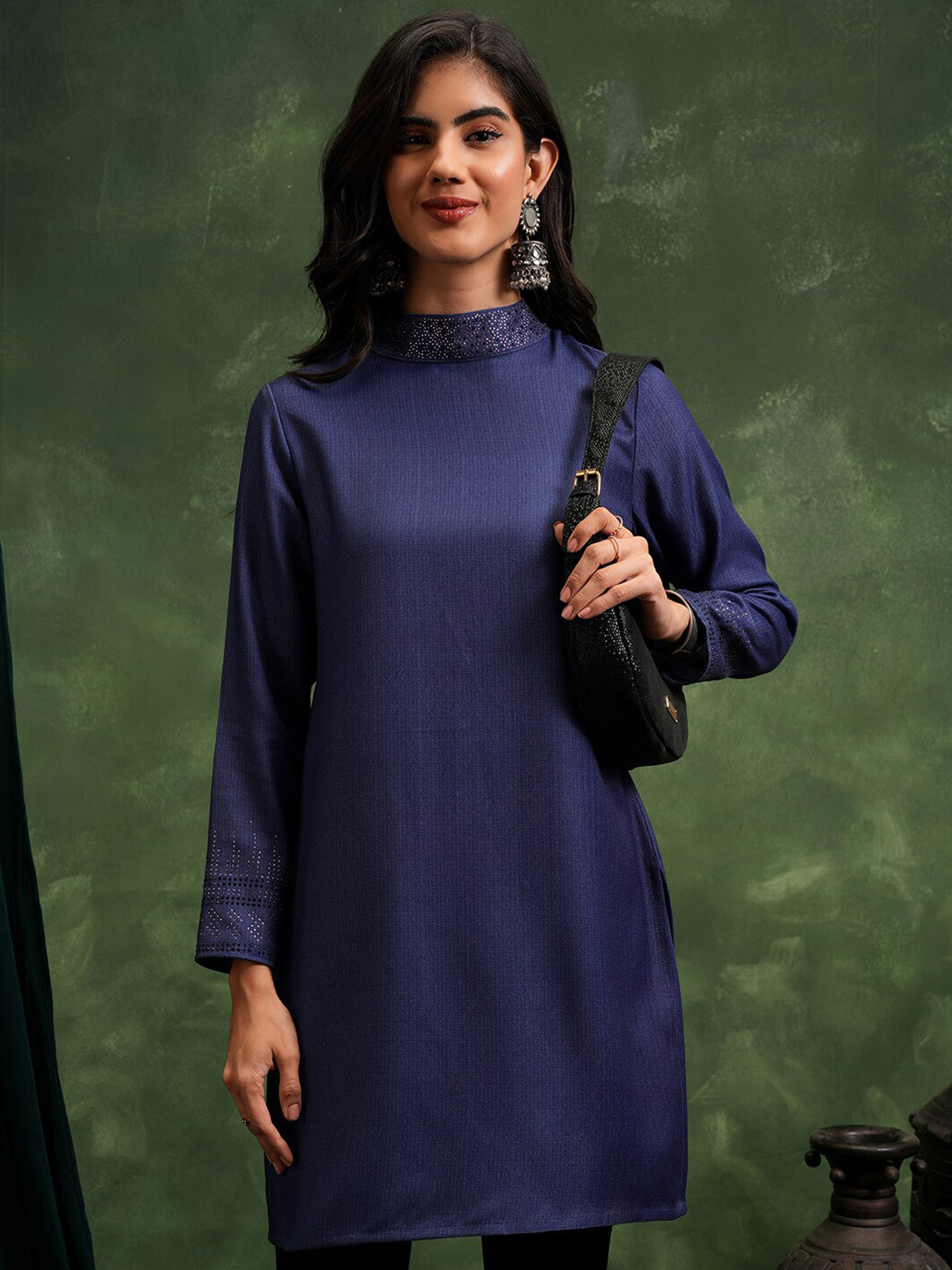 Buy Vishudh Blue Long Sleeves Self Design High Neck Tunic - Tunics for ...