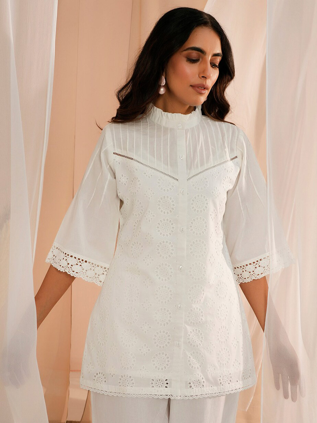 Buy Libas Floral Schiffli High Neck Pure Cotton Tunic - Tunics for ...