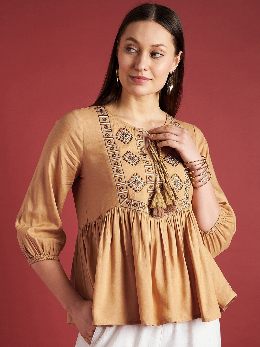 Buy Routes By All About You Ethnic Motifs Embroidered Tie Up Gathered ...